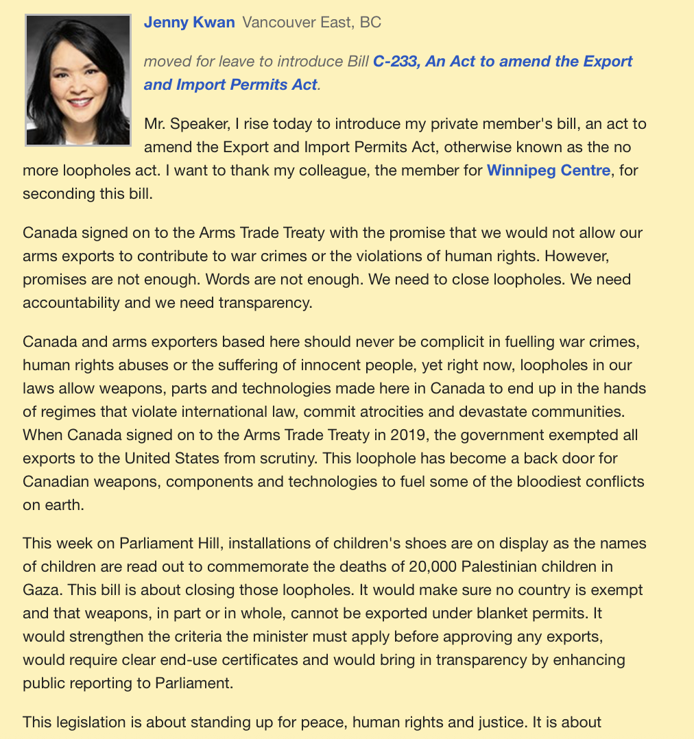 HANSARD: introduce Bill C-233, An Act to amend the Export and Import Permits Act - Jenny Kwan ...